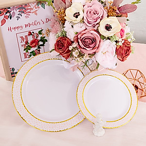 Liacere Plastic Plates, 102PCS Pink w/Gold Rim - Classic Style Disposable Plates for Mother's Day, Party, Easter & All Occasions