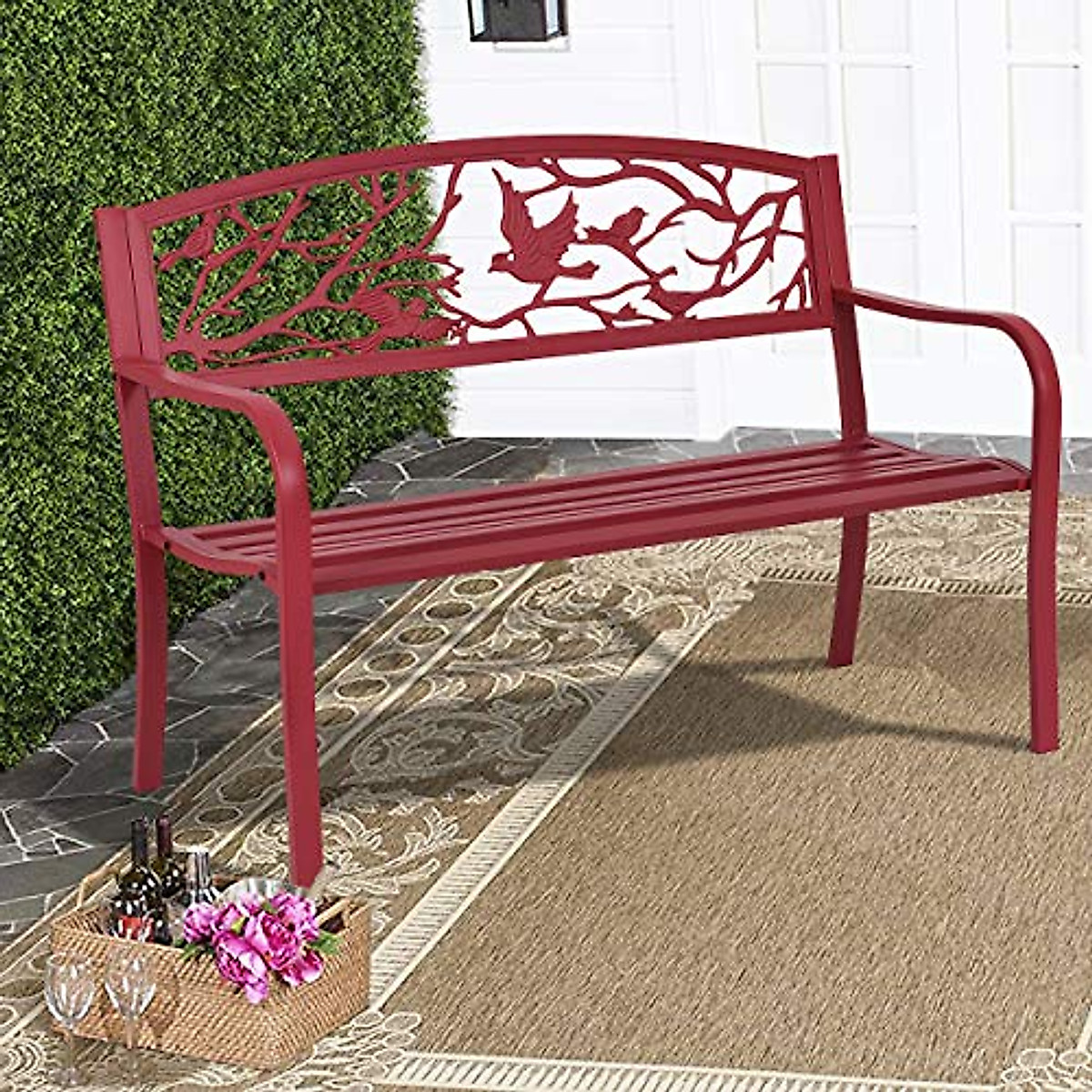 Tangkula Outdoor Garden Bench Park Bench, Patio Red Bird Bench Loveseat W/Backrest & Armrests, Heavy-Duty Steel Frame, Outdoor Furniture Bench Chair for Garden Courtyard Lawn Porch