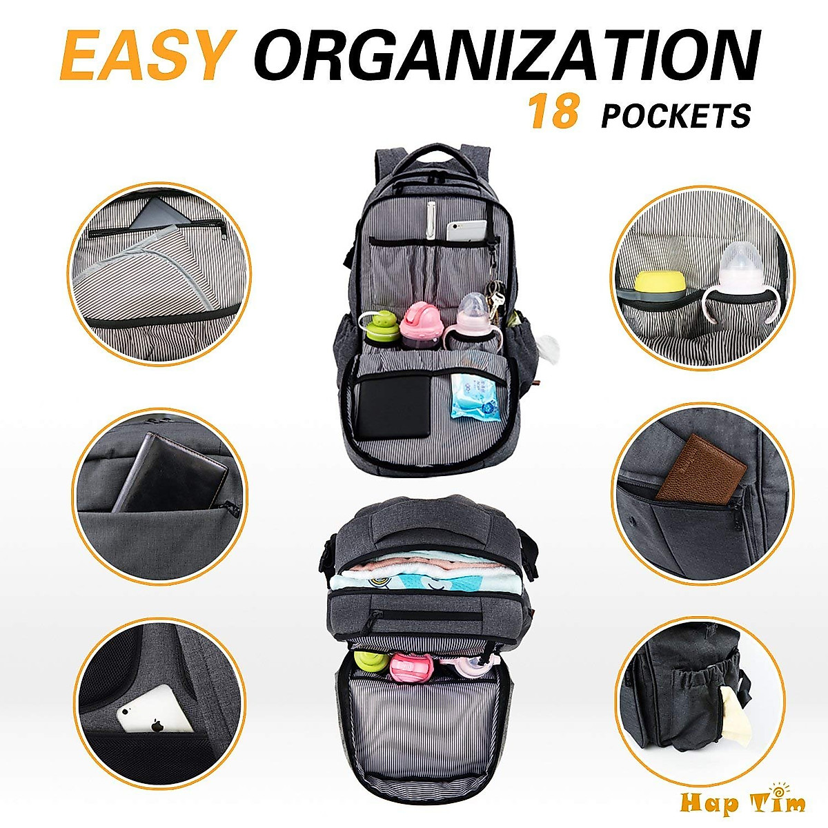 Hap Tim Multi-function Large Baby Diaper Bag Backpack with Stroller Straps, Insulated Bottle Pockets, Changing Pad (Dark Gray-5284)