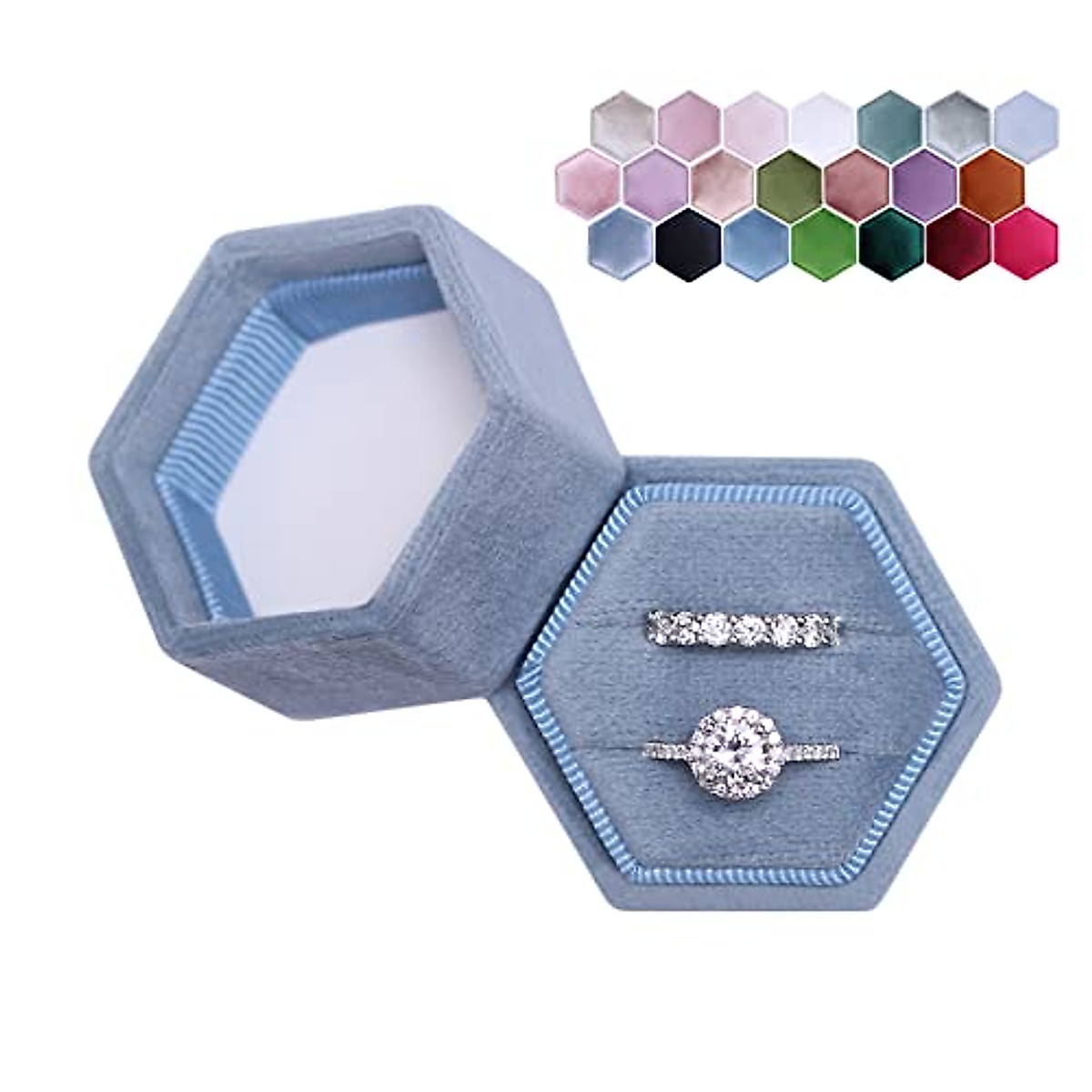 BLUTETE Hexagon Velvet Double Slots Ring Heirlooms Box Engagement Ring Box Proposal Box Ring Display Holder (Blue Ocean)