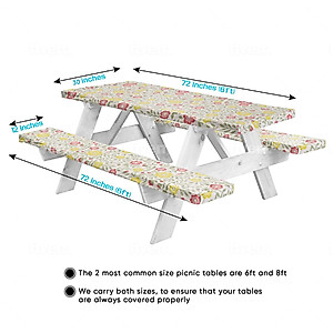 LINPRO 6ft Fitted Picnic Table Cover with Bench Covers. Vinyl Outdoor Camping Picnic Tablecloth, 3 Piece Set Camping Gear. Waterproof, Stain Resistant, Reusable. Flannel Backing with Elastic Edges.72