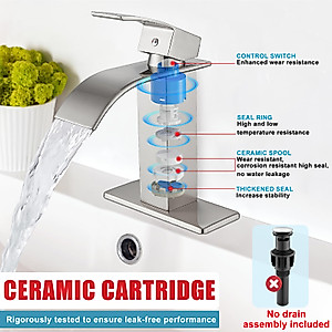 Midanya Waterfall Spout Bathroom Faucet Single Handle 1 Hole Bathroom Sink Faucet,Modern RV Lavatory Vanity Basin Faucet with 6 Inch Deck Plate for 1 or 3 Hole and Water Hose,Brushed Nickel