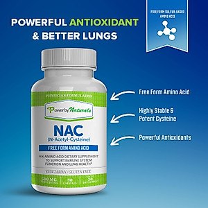 Power By Naturals NAC Supplement N-Acetyl Cysteine – NAC 1000mg Serving Per 2 Capsules - Antioxidant Amino Acids Supplement for Liver Lung Support & Glutathione Boost - Pure NAC Supplement, 90Ct.