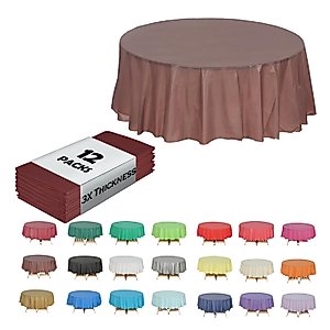Evershine 12-Pack Heavy Duty Brown Round 84" Plastic Table Covers Tablecloth (Reusable) (Round 84", Brown)