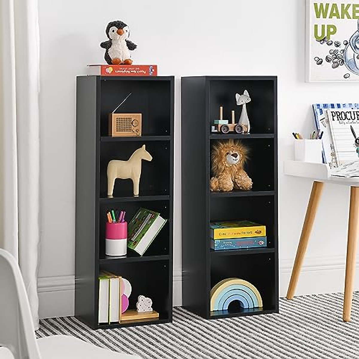 VKKILPEE Slim Media Tower Rack with Adjustable Shelves, 8-Tier Tall Narrow Storage Cabinet CD Display Rack Bookshelf, Multifunctional Double-Decker Bookcase for Home Office & Apartment, Black