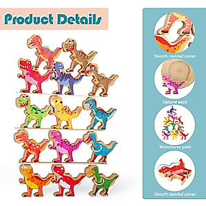 14-Piece 3-Inch Wooden Dinosaur Stacking Toys for Kids 3-7, STEM Educational Party Favors