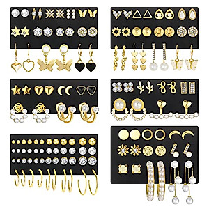 68 Pairs Gold Stud Earrings for Women Multipack, Hypoallergenic Assorted Girls Earring Set Multiple Piercings,Cubic Zirconia Pearl Butterfly Stud Hoop Earring Pack