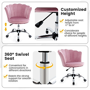 Giantex Velvet Home Office Chair, Modern Cute Shell Back Upholstered Desk Chair with Wheels, Adjustable Swivel Task Chair, Comfy Vanity Chair for Girls Women Bedroom, Pink