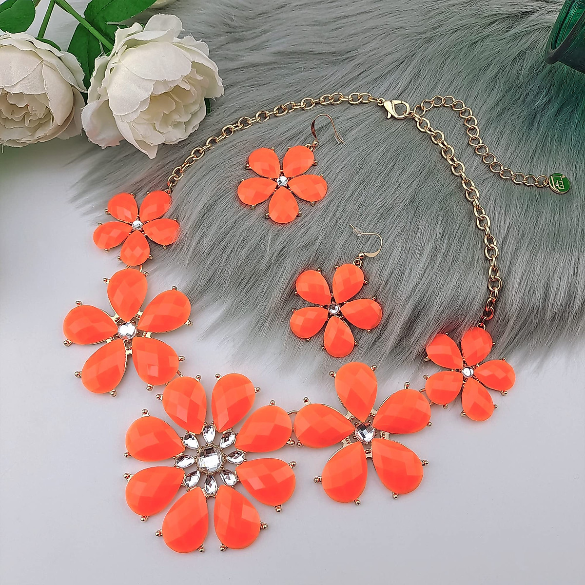 Firstmeet Shiny Flower Statement Collar Necklace with Earrings(XL-1104-Orange A)