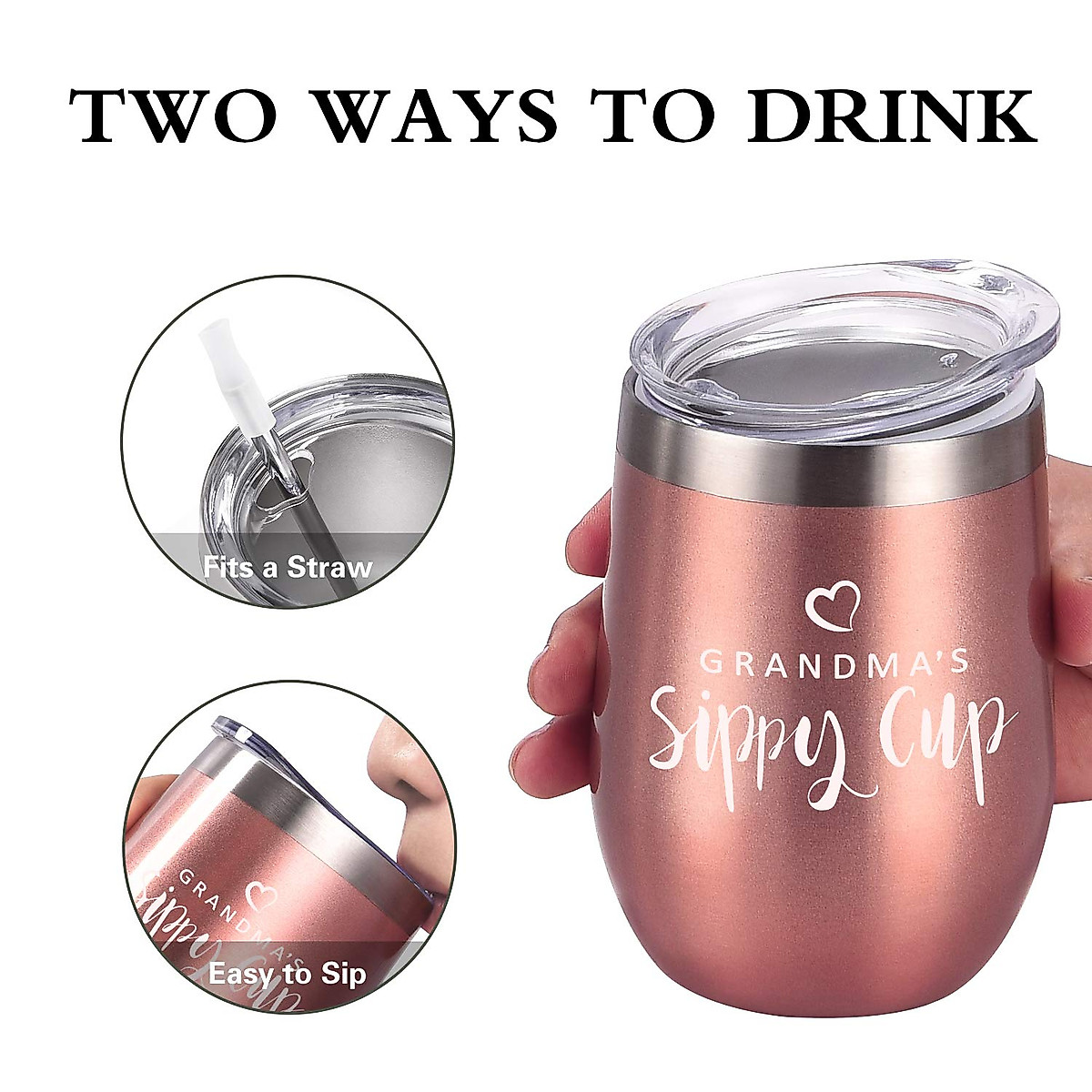 GINGPROUS Grandma's Sippy Cup Wine Tumbler with Lid, Grandma Gifts for Women Mother's Day Birthday, Insulated Stainless Steel Wine Tumbler with Straw and Cleaning Brush (12Oz, Rose Gold)