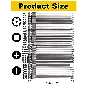 Rocaris 30 Pack 1/4 Inch Hex Shank Long Magnetic Screwdriver Bits Set 6 Inch Power Tools(Slotted+Cross+Square +Torx)