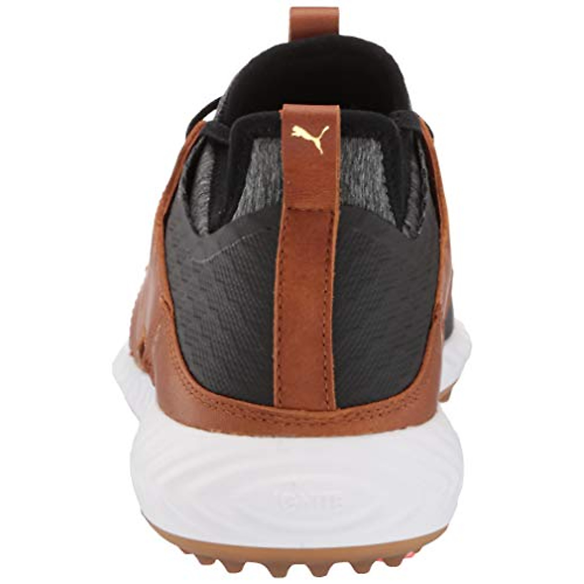 Puma Men's Ignite Pwradapt Caged Crafted Golf Shoe, Puma Black-Leather Brown-Puma Team Gold, 9