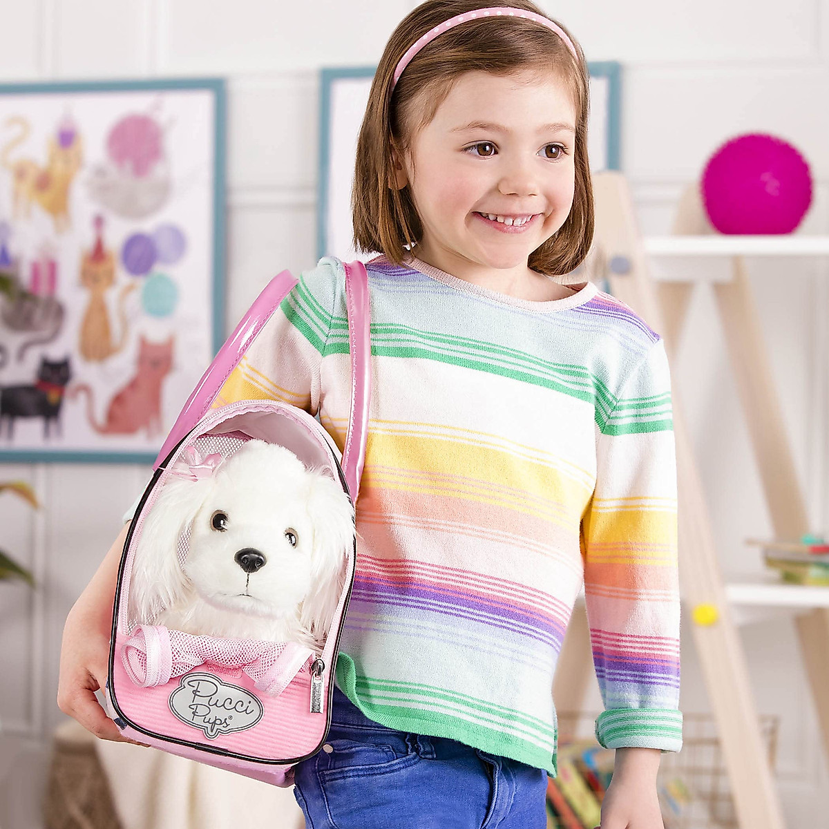 Pucci Pups - Pink Polka Dot Glam Bag with Maltese Pup – Plush Toy Dog with Carrying Dog Bag – Plush Dog for Kids Aged 3 and Up, 8 inches