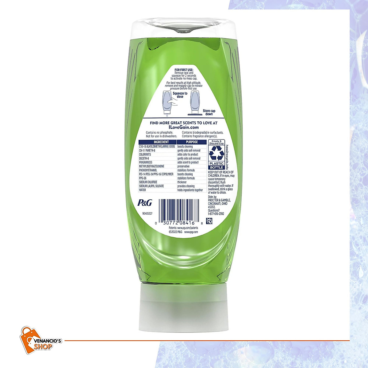 Gain EZ-Squeeze Dishwashing Liquid Dish Soap + Includes Venancio’sfridge Sticker and Cleaning Sponge (Original Scent 14.7 fl oz – Pack of 1)