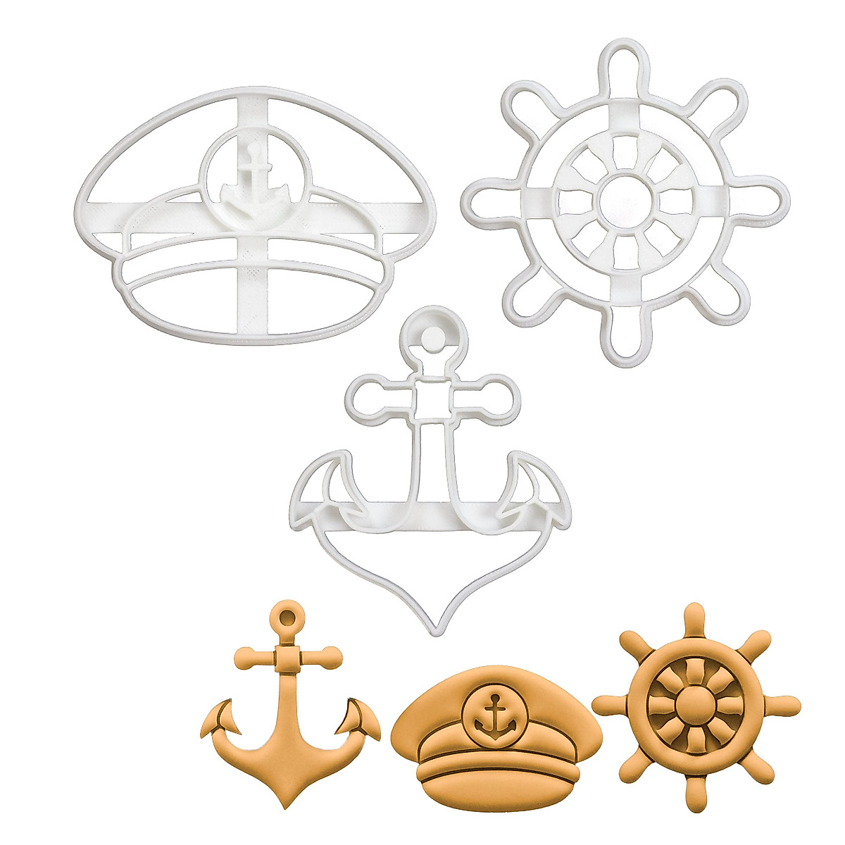 Set of 3 Nautical cookie cutters (Designs: Anchor, Captain's Hat and Ship's Wheel), 3 pieces - Bakerlogy
