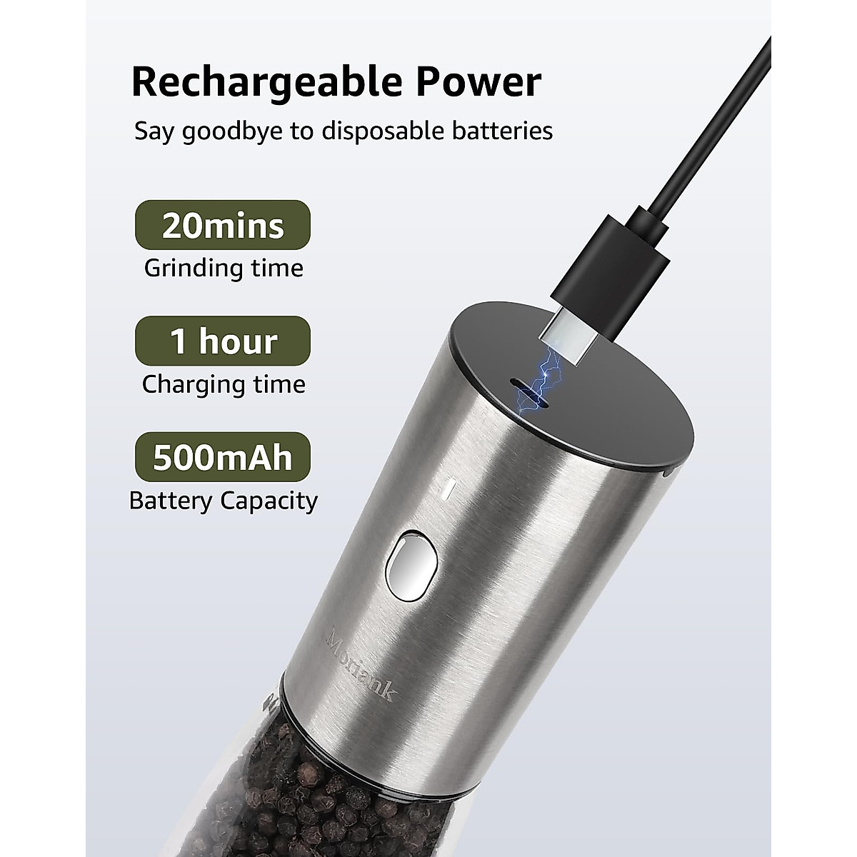 Electric Salt and Pepper Grinder Set, Large Capacity 5.3oz Salt and Pepper Grinder Set with Adjustable Coarseness, Rechargeable Stainless Steel Electric Pepper Grinder with Elegant Storage Base