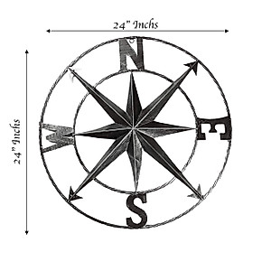Urbalabs 24 Distressed Metal Wall Art Compass Home Nautical Decor Metal Art Decoration Bedroom Living Room Garden Office Wall Hanging Beach Decor Compass Rose Silver and Black (24)
