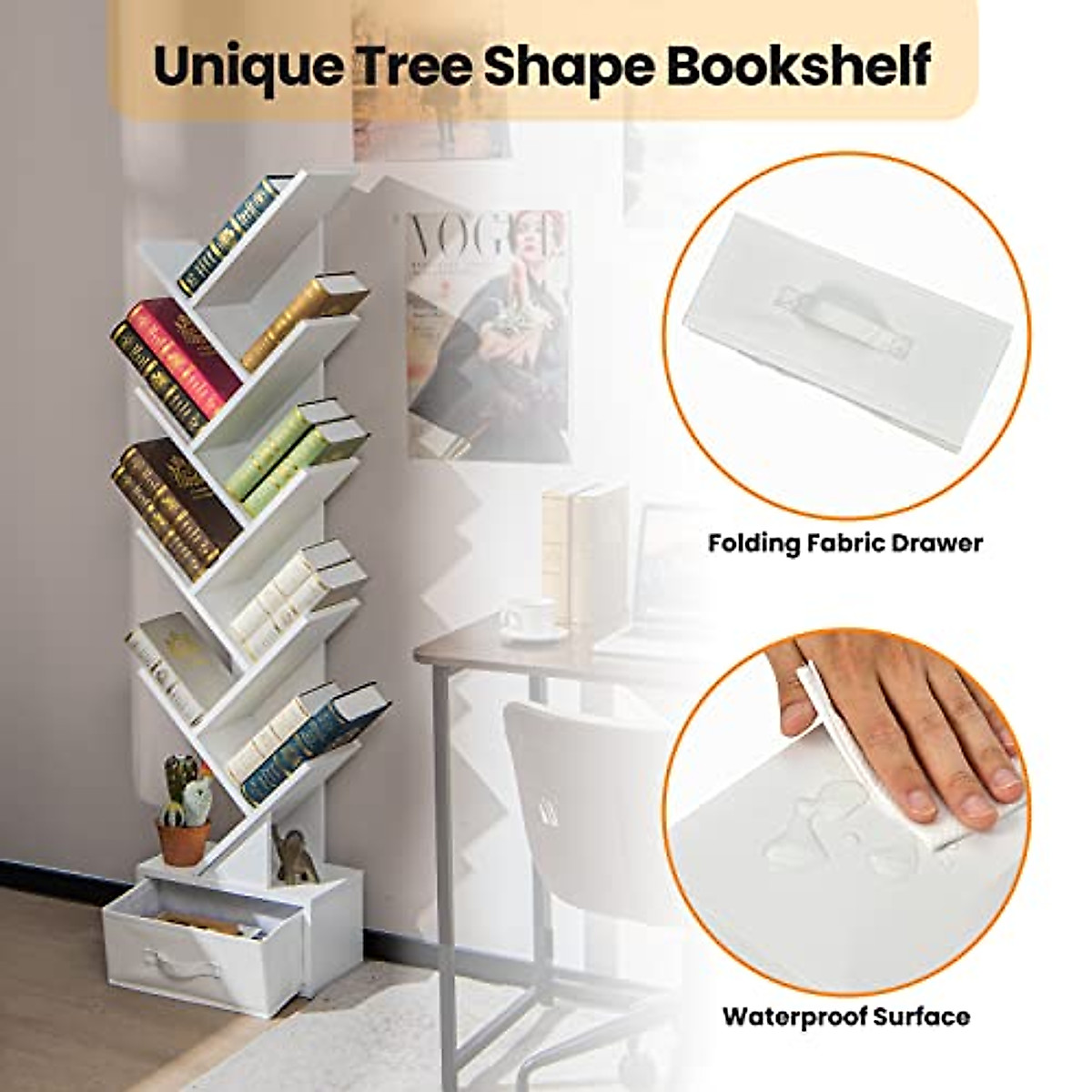 Giantex Tree Bookshelf with Drawer, 10 Shelf Space Saving White Wooden Bookcase, Freestanding Retro Wood Storage Rack, Decorative Bookshelf with Storage