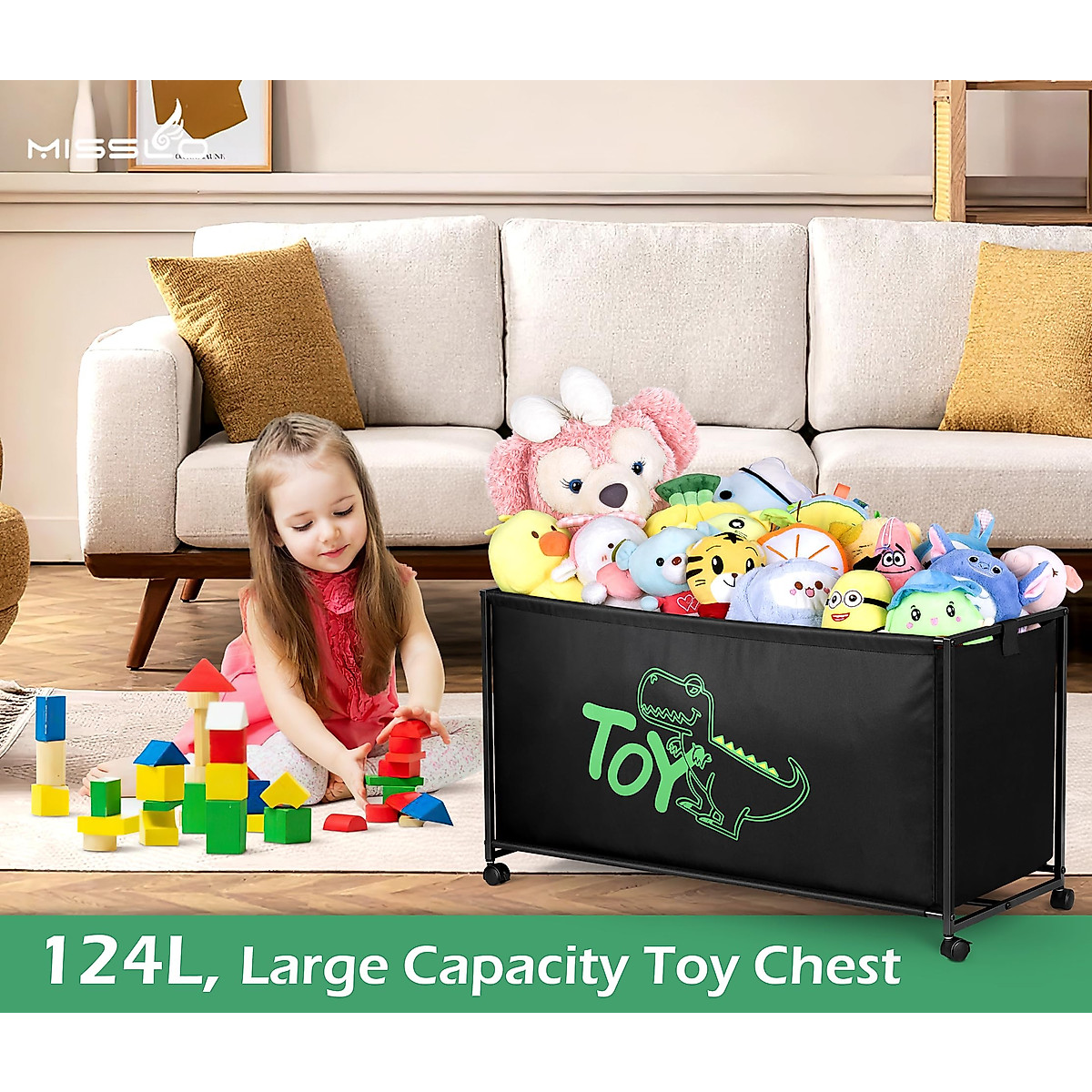 MISSLO Large Toy Box with Wheels Big Toy Chest for Kids Organizer Toy Storage Bin, 124L, Black