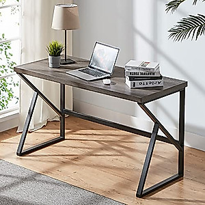 HSH Rustic Grey Computer Desk, Metal and Wood Home Office Desk, Industrial Modern Vintage Work Study Writing Table for Livingroom Bedroom, Farmhouse Oak PC Desk, Wooden Computer Table, Gray 47 Inch