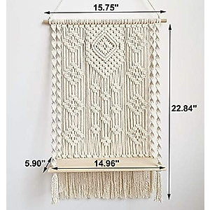 BLUETTEK Macrame Wall Hanging Shelf, Boho Decorative Floating Plants Swing Hanging Shelf Wooden Storage Hanger, Handmade Cotton Rope Woven Home Wall Decor