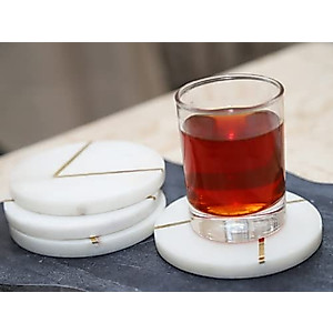 Hand Carved Natural White Marble Coasters - Set of 4 Half Mango Wood or Half Brass - Round Marble Coasters Set for Drinks. Brass/Wood & Marble Home Decor - Marble Coaster Set (Marble & Brass)
