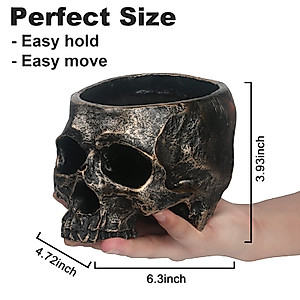 Halloween Skull Candy Dish- Deep Skull Head Halloween Candy Bowl Holder Artificial Resin Skulls Decor Indoor Outdoor Table Centerpieces Flower Pot Plant Office Pen Holder Desktop Ornaments - Bronze