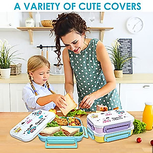 Ezyec Bento Lunch Box for Kids - 3 Packs Snack Containers for Adults or Kids Cute Cover - Small 4 Leakproof Compartments Bento Box for Toddlers Boys Girls School Travel