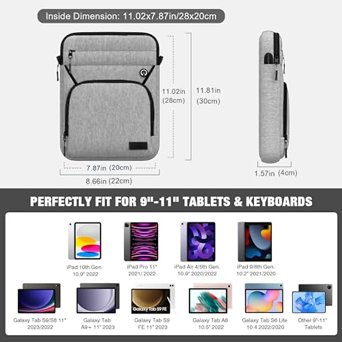 MoKo 9-11 Inch Tablet Sleeve Bag, Fits New iPad Air/Pro 11 inch 2024,iPad Air 5/4th 10.9,iPad 9/8/7th 10.2,iPad 10th Gen 10.9,Tab S9 11,Multifunctional Bag with Shoulder and Headphone Port, Light Gray