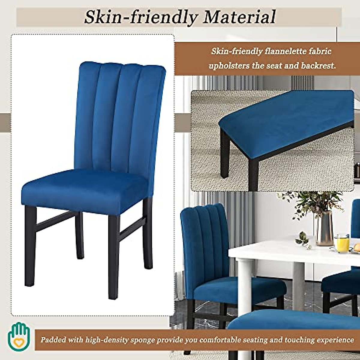 Goohome 6-Piece Kitchen Dining Set, Mid-Century Marble Veneer Table, 4 Flannelette Upholstered Chairs and Bench Family Furniture, for Home, Apartment, A-White+Blue