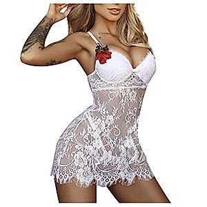 wodceeke Women's Sexy Sling Lace One-piece Plus Size lingerie Embroidered See-through Hollow Bodysuit Pajamas Sleepwear (White, XXL)