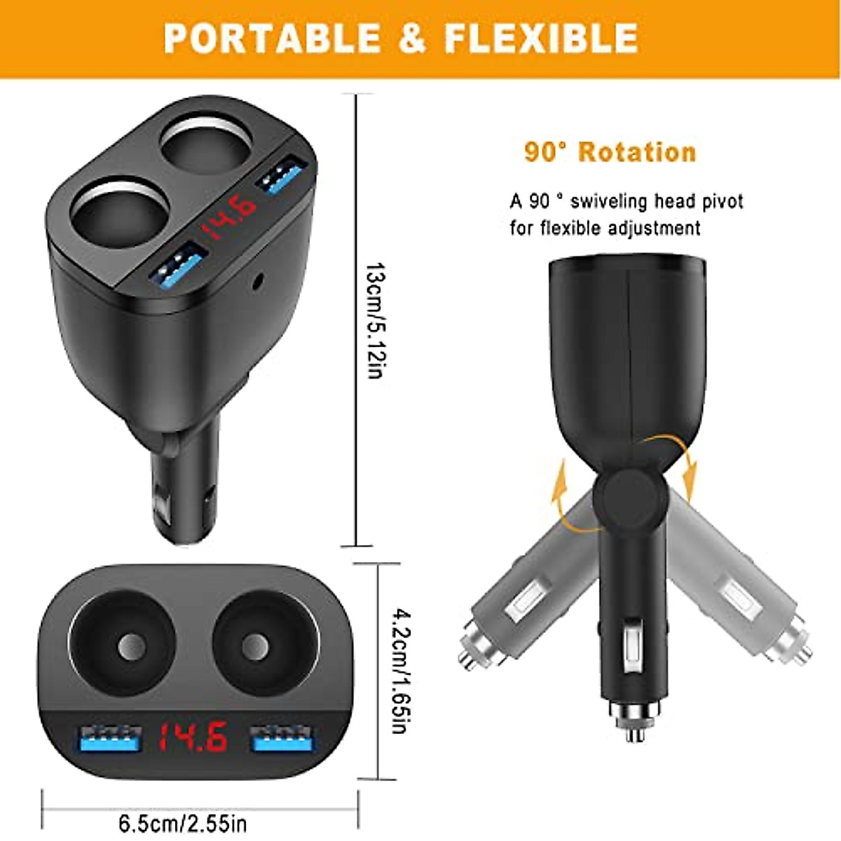 GemCoo Cigarette Lighter Splitter, 100W Cigarette Lighter Adapter with 2 Sockets Car Charger Adapter for iPhone iPad Android Samsung GPS Dash Cam DVD Player