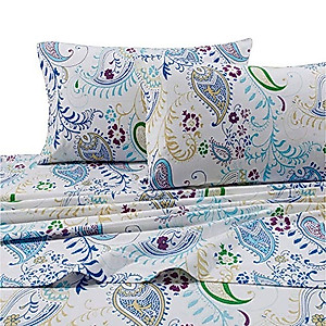 Tribeca Living Paisley Garden Printed Deep Pocket Flannel Sheet Set with Pillowcase,4pcs, King