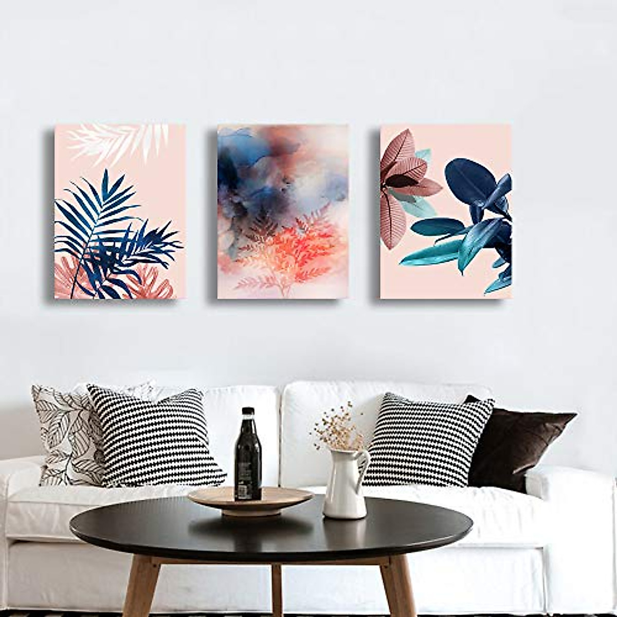 Canvas Wall Art for Girls Bedroom Bathroom,3 Pieces 12" X 16" Tropical Botanical Prints Abstract Watercolor, Modern Navy Blue Leaf Picture Artwork Framed Ready to Hang, Teen Girls Woman Room Blush Pink Decor