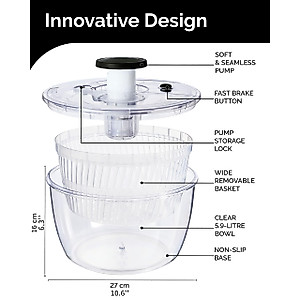 lily&stone Large Pump Salad Spinner with Drain, Bowl, and Colander - Quick and Easy Multi-Use Lettuce Spinner, Vegetable Dryer, Fruit Washer, Pasta and Fries Spinner - 6.33 Qt