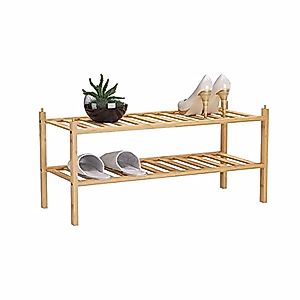 Qmkmyy Simple Narrow Wood Shoe Rack 2 Tiers for Closet Entryway Small Bamboo Free Standing Shoe Shelf Stackable Storage Organizer for Front Door