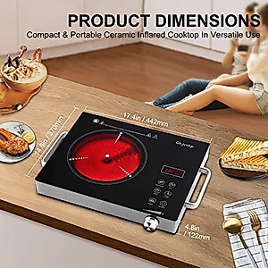 Ghjcvkp Portable Ceramic Cooktop, 1800W Electric Single Hot Plate for Cooking with 18 Power Levels, Infrared Countertop Burner with Sensor Touch, 4-hour Timer, Adjustable Knob