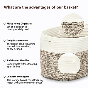 CASAVIDA Woven Baskets for Storage Set of 3, Cotton Rope Basket Storage Baskets for Organizing with Handles, Closet Soft Storage Baskets for Shelf Nursery Baby Laundry Living Room & Bedroom