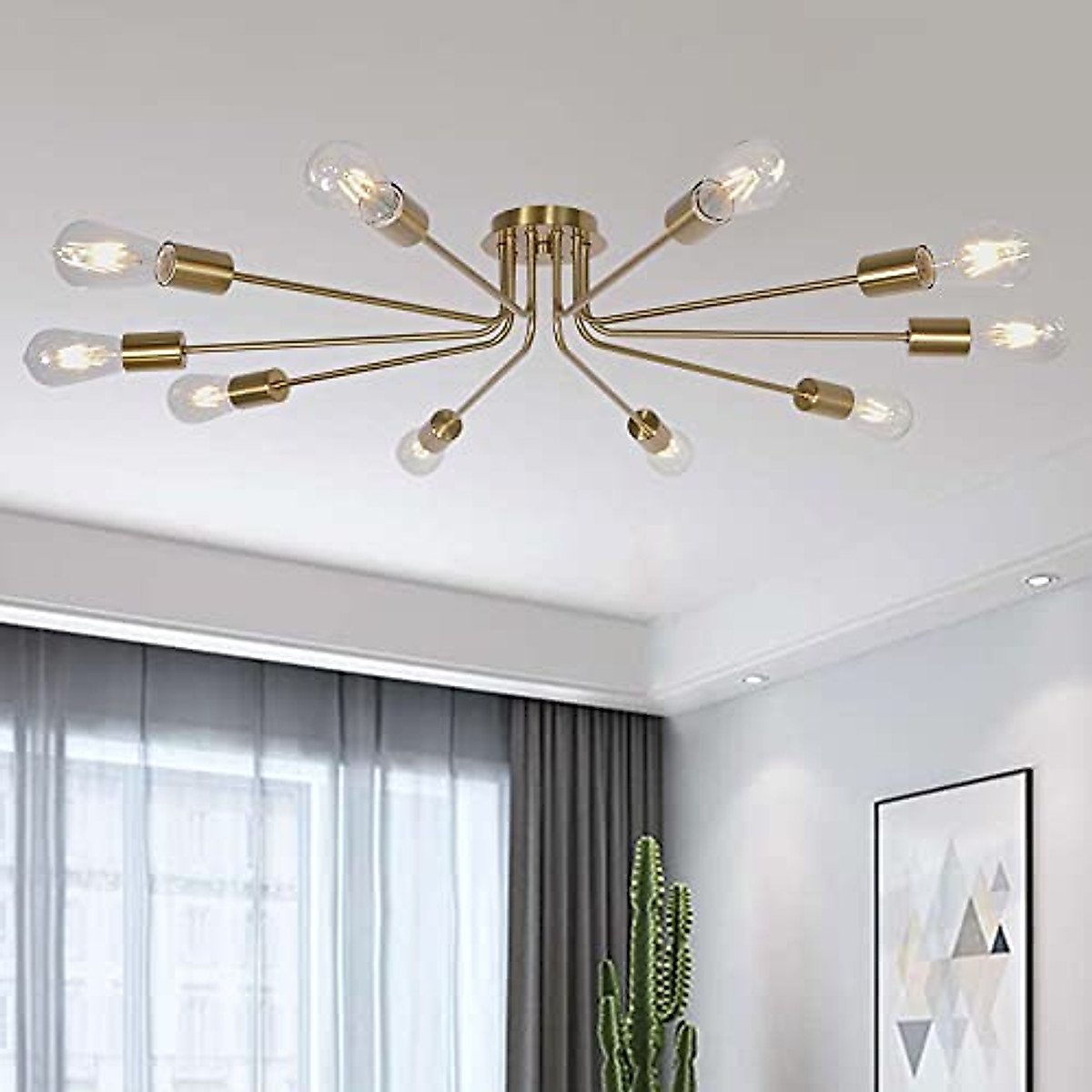 TULUCE Kitchen Lighting Fixture Industrial Flush Mount Ceiling Light Mid Century 10 Light Sputnik Chandelier for Kitchen Dining Room Small Bedroom Living Room Brass Painted Metal Ceiling Lighting