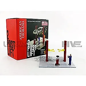 Two Post Lift (Red) with Mechanic Figurine and Oil Drainer Diorama Set for 1/64 Scale Models by American Diorama 38375