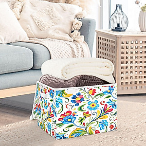 Wassud Storage Bins with Lids Colorful Flower Pattern Collapsible Stackable Fabric Linen Baskets Closet Organizer Container,16.5"x12.6"x11.8"