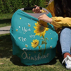 Sunflowers Baby Car Seat Covers, Nursing Cover Breastfeeding Scarf/Shawl, Infant Carseat Canopy, Stretchy Soft Breathable Multi-use Cover Ups, Bees You are My Sunshine Teal