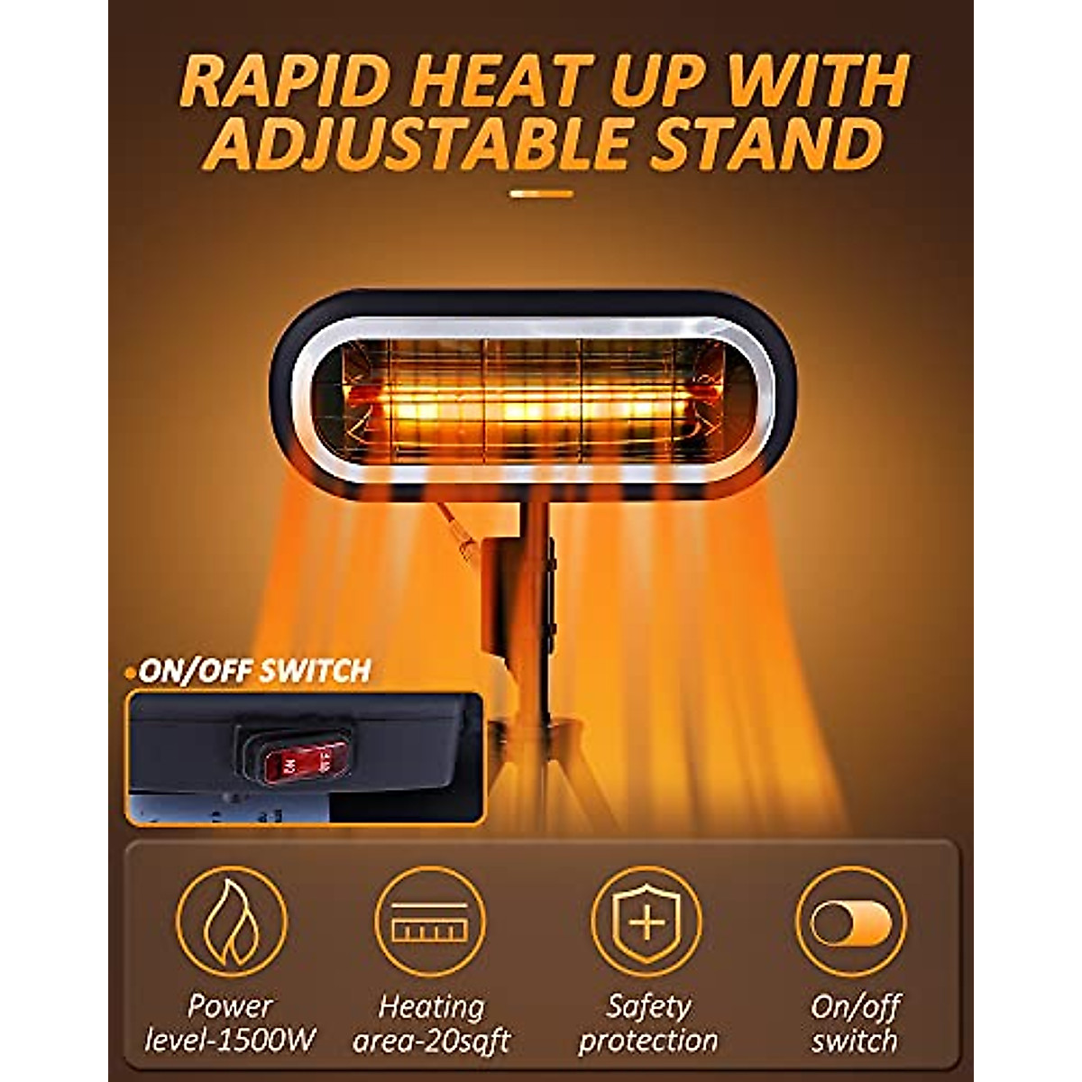 KUTON Outdoor Electric Heater, 1500W Infrared Patio Heater, Standing Indoor Heater with Telescopic Tripod, Tip-Over & IP65 Waterproof For Garage Backyard, Angle Adjustable, YD-SH-B