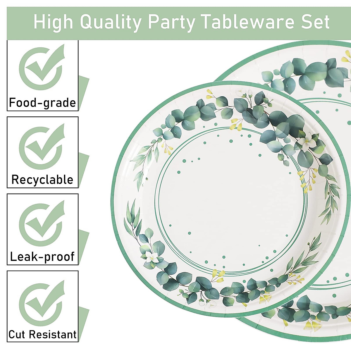 96 Pieces Sage Greenery Party Supplies Tableware Set Eucalyptus Leaf Jungle Theme Party Table Decorations Bridal Baby Shower Safari Birthday Wedding Paper Plates Napkins Forks for 24 Guests