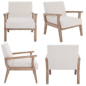 Wahson Set of 2 Mid Century Armchair with Wood Frames, White Linen Upholstered Farmhouse Living Room Chair, for Living Room Bedroom, Ivory