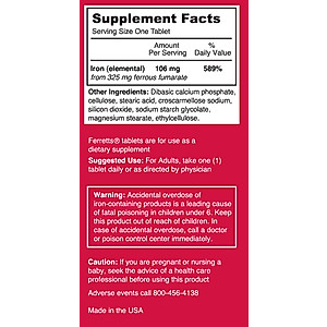 Ferretts Iron Tablets 106mg (325mg Ferrous Fumarate) - 60 Day Supply of High Potency Iron Supplements for Women & Men - Gentle & Non-Constipating Iron Supplements for Anemia - 60 Iron Pills Per Bottle