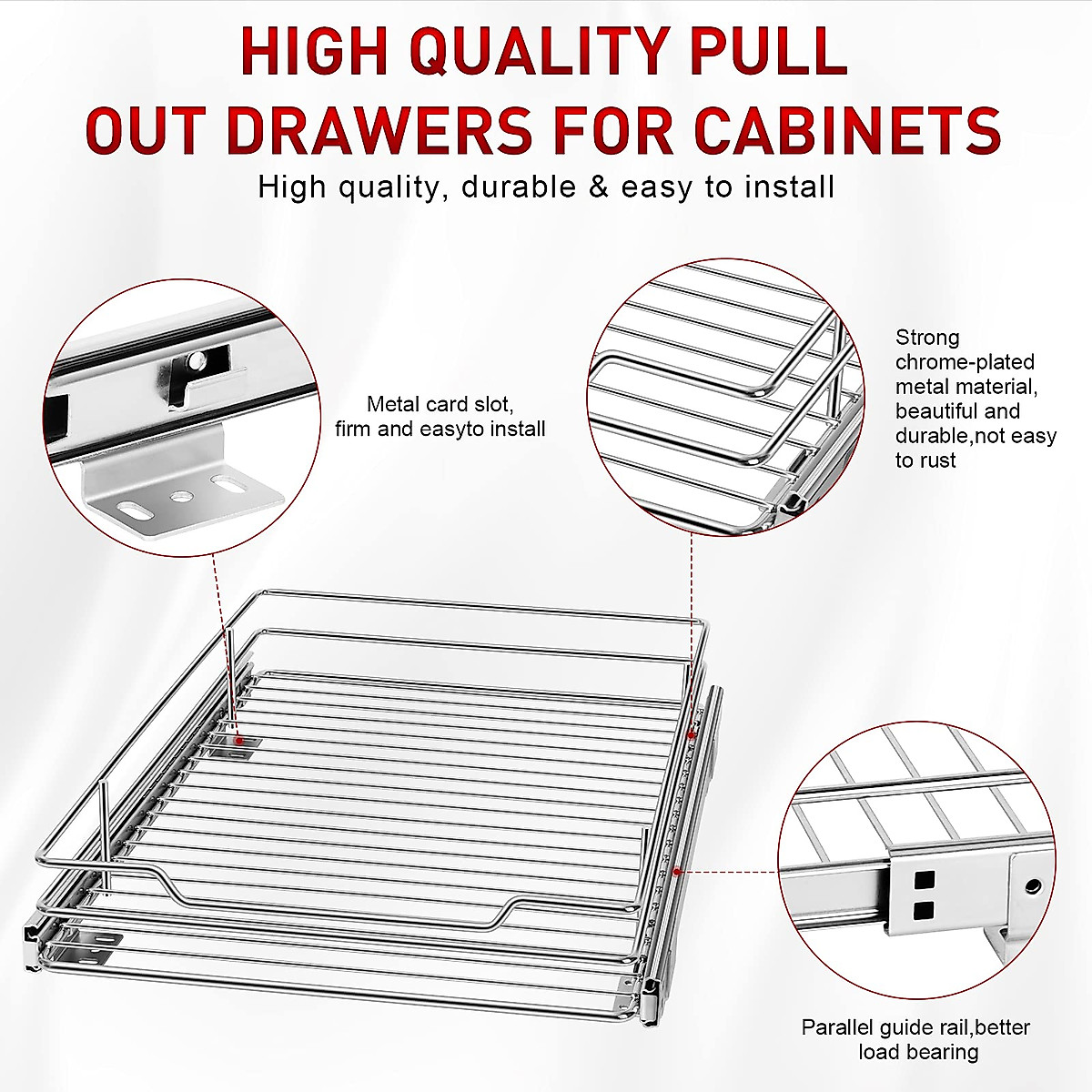 Tksrn Pull Out Cabinet Organizer, Heavy Duty Slide Out Pantry Shelves Sliding Drawer Storage for Kitchen, Bathroom, Home, 12.4" W x 16.5" D, Wire Frame, Chrome Finish