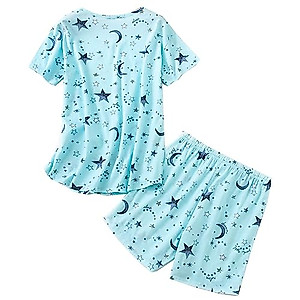 ENJOYNIGHT Women's Pajama Set Short Sleeve Shirt and Shorts Sleepwear V Neck Pjs with Pockets (X-Large, Star)