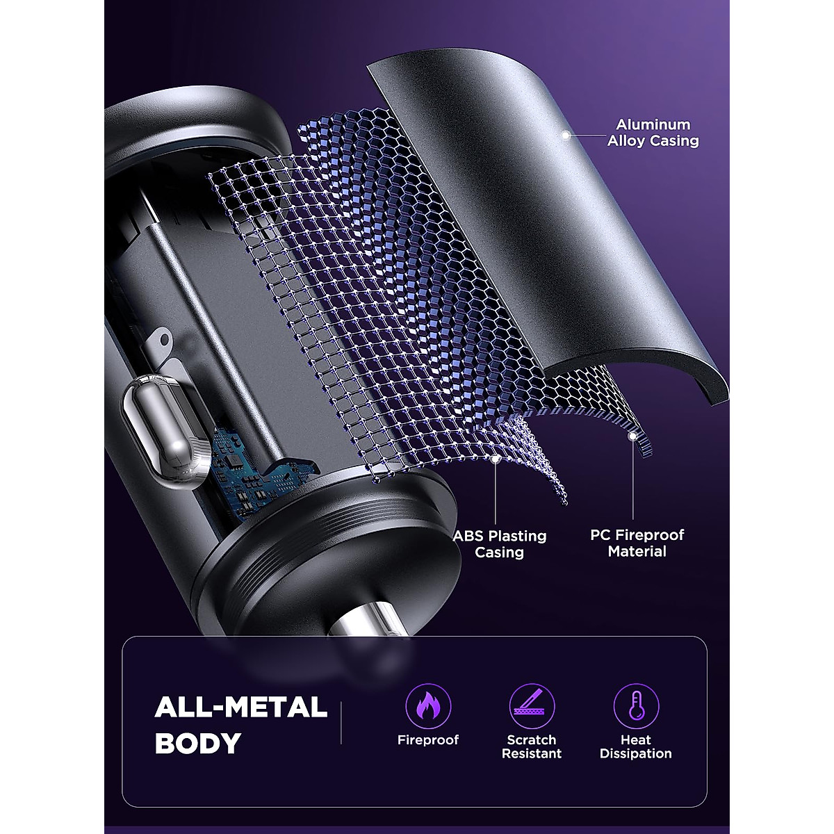 Car Charger，JOYROOM 4.8A Car Phone Charger All Metal, Mini Cigarette Lighter USB Charger with Type C Coiled Cable for iPhone 15 Pro, Dual USB Car Charger Adapter Fast Charge for iPhone/Samsung/Android