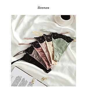 abandi Womens Silk Satin Thong Panties Silkly G-String Thongs T Back Lace Thong Underwear Pack of 5, Size M